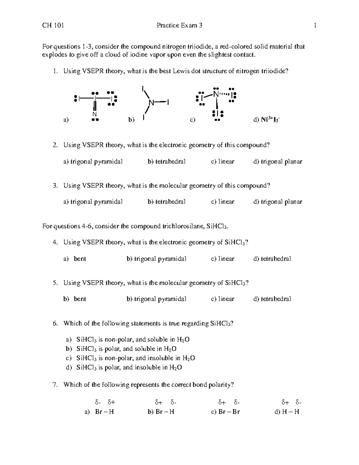 CH 101 Practice Exam 3 - For questions 1- 3 , consider the compound ...