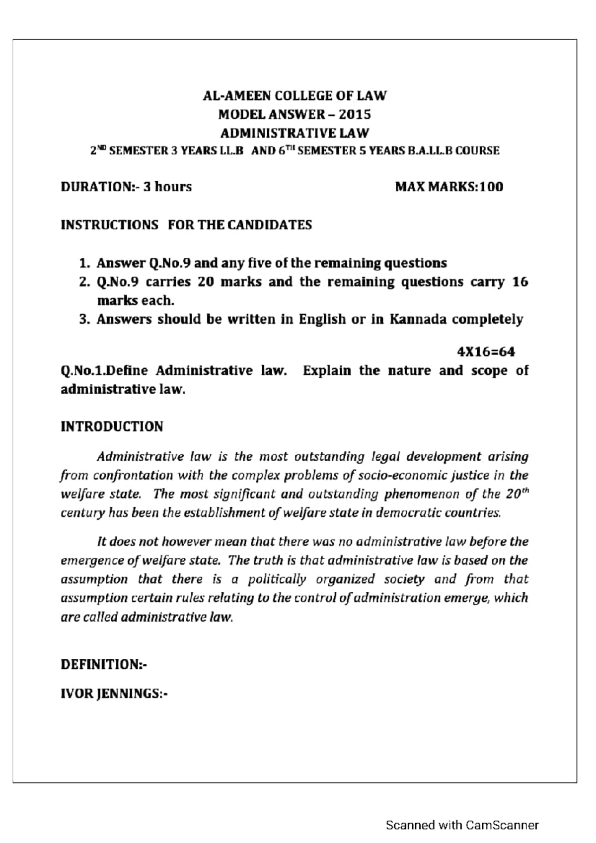 Administrative law question and answer - COLLEGE OF LAW MODEL ANSWER ...