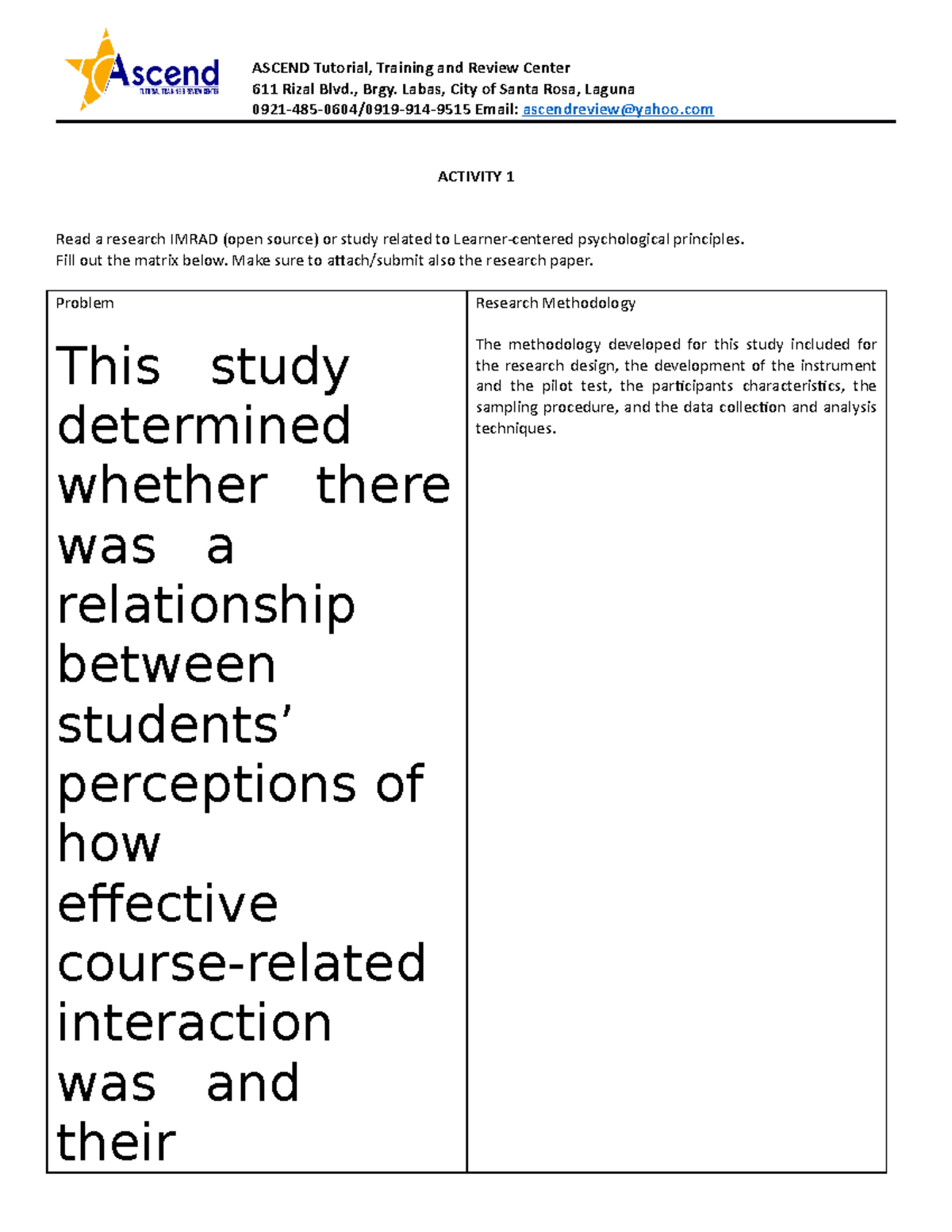 Activity 1 - assignment - ASCEND Tutorial, Training and Review Center 611 Rizal Blvd., Brgy ...