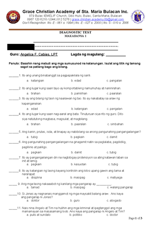 Diagnostic Exam (Filipino 7) - Grace Christian Academy of Sta. Maria ...