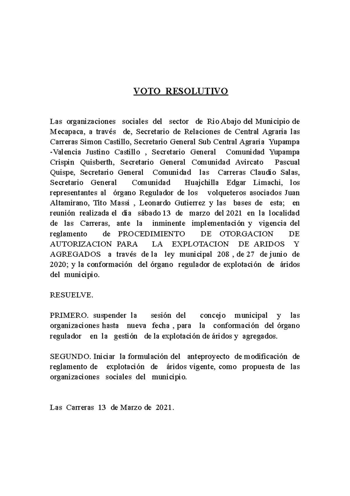 VOTO Resolutivo - dada - VOTO RESOLUTIVO Las organizaciones sociales ...