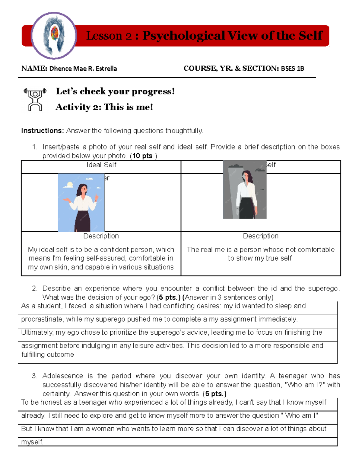 Unit-1 Lesson 2 Psychological View of the Self - NAME: Dhence Mae R ...