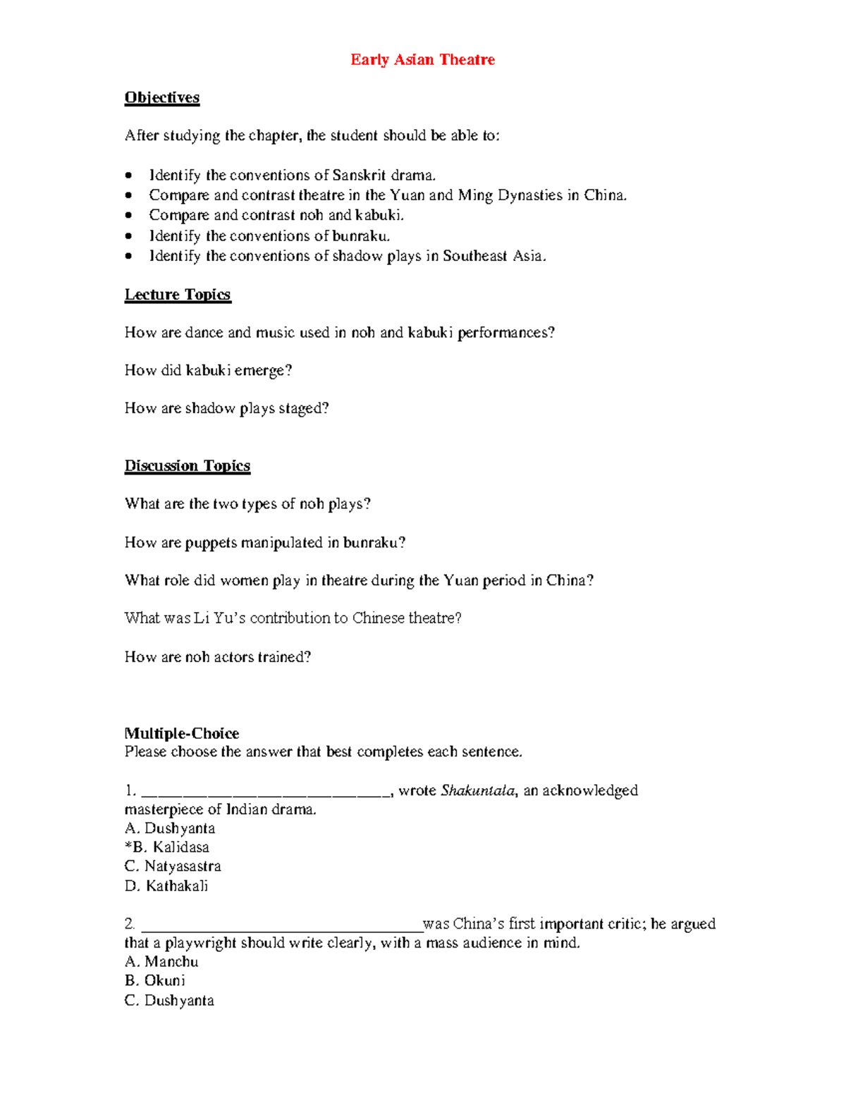 Ch03 Early Asian Theatre - Early Asian Theatre Objectives After ...