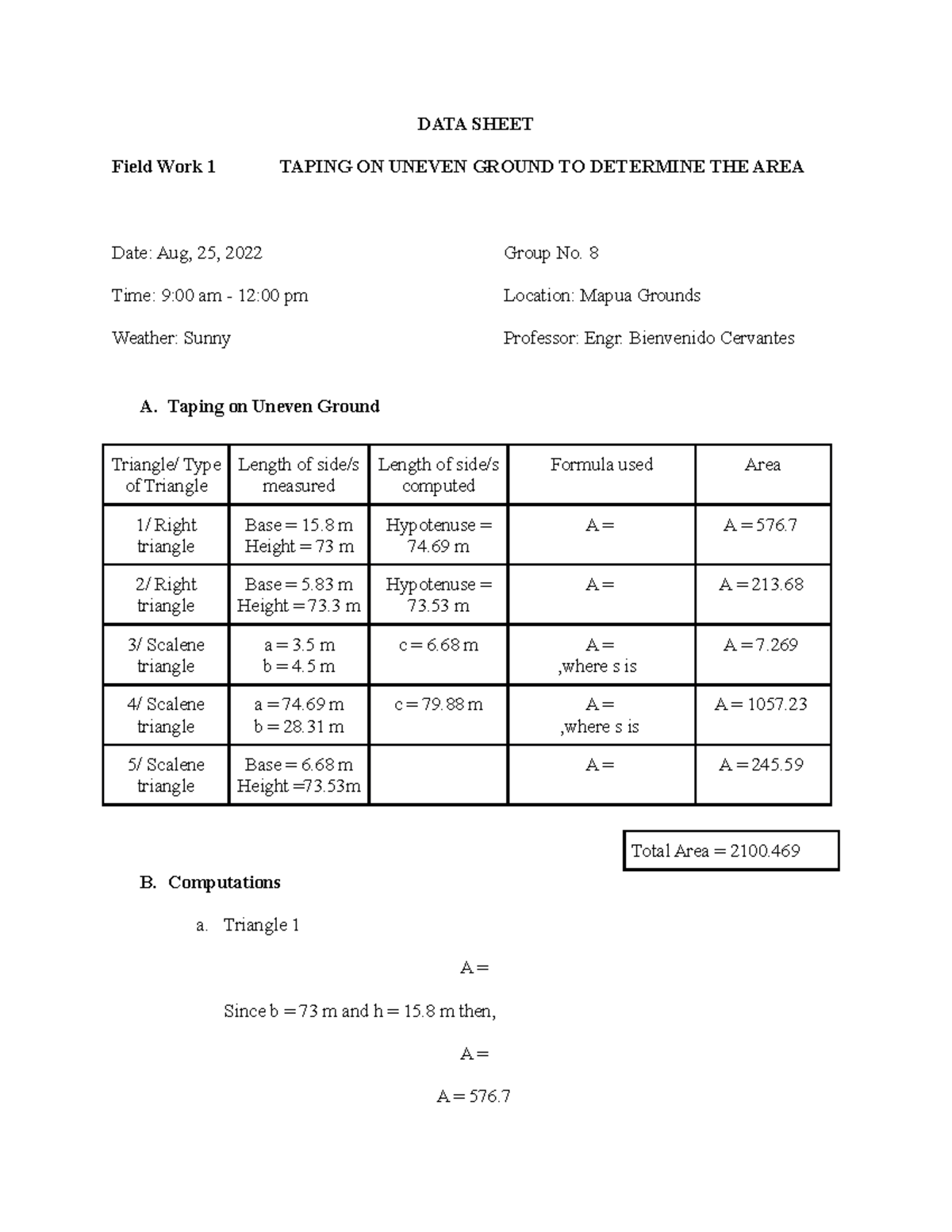 DATA Sheet FW1 - DATA SHEET Field Work 1 TAPING ON UNEVEN GROUND TO ...