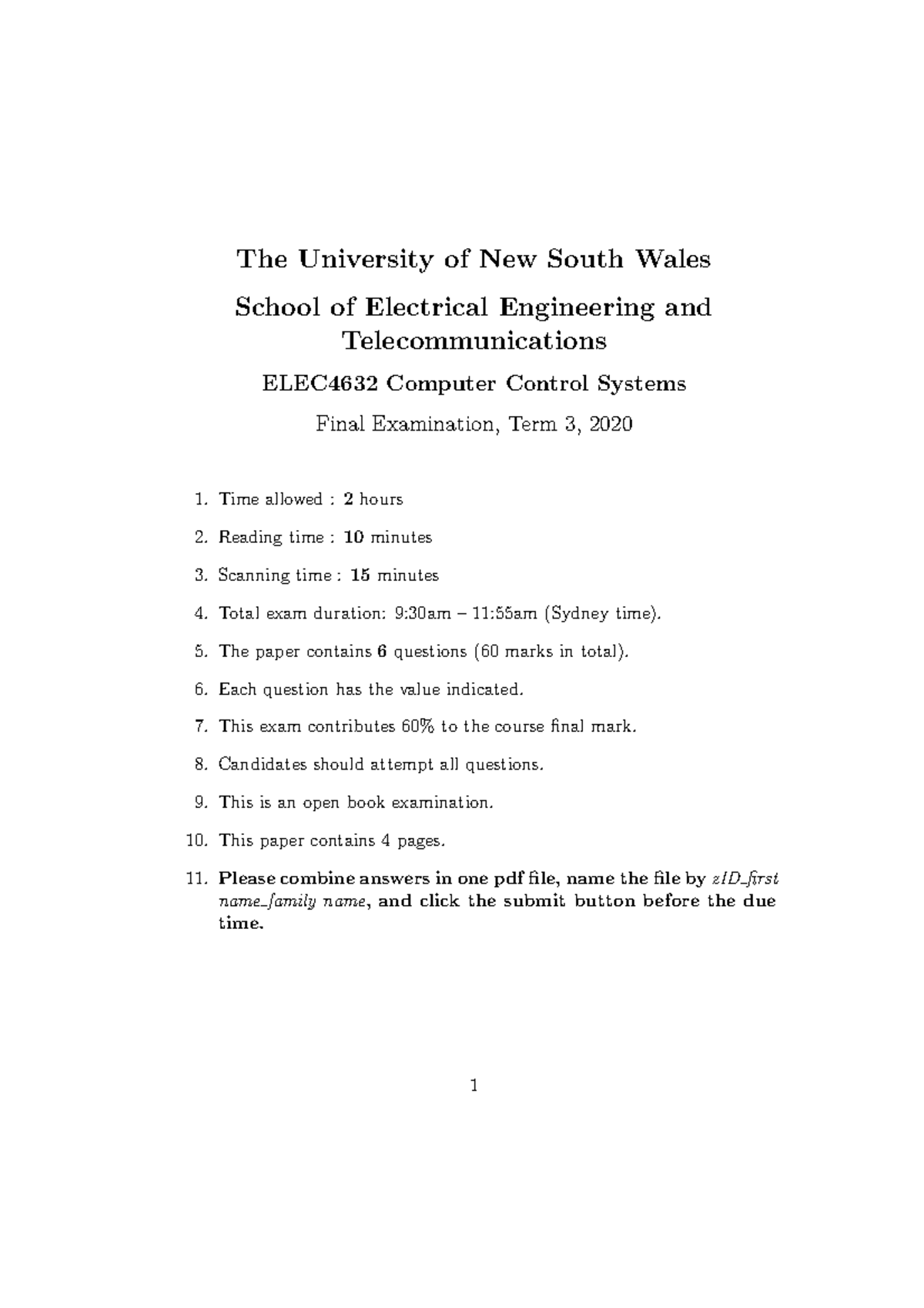 Final Exam 20 - The University of New South Wales School of Electrical ...