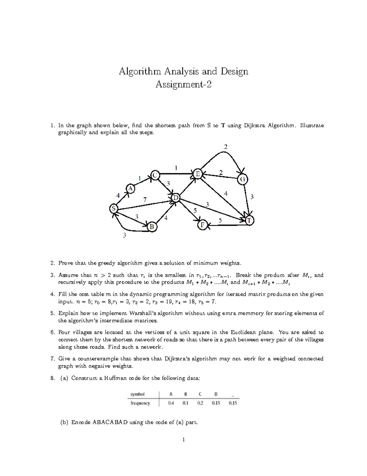 ADA Assignment 2 - qwertyuiop - Algorithm Analysis and Design Assignment- In the graph shown ...