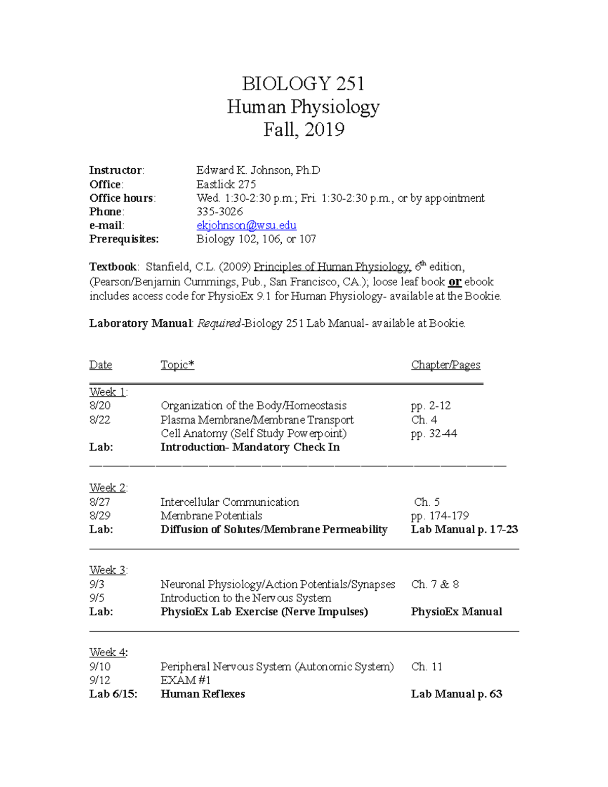 Biology 251 Fall 2019 Syllabus - BIOLOGY 251 Human Physiology Fall ...