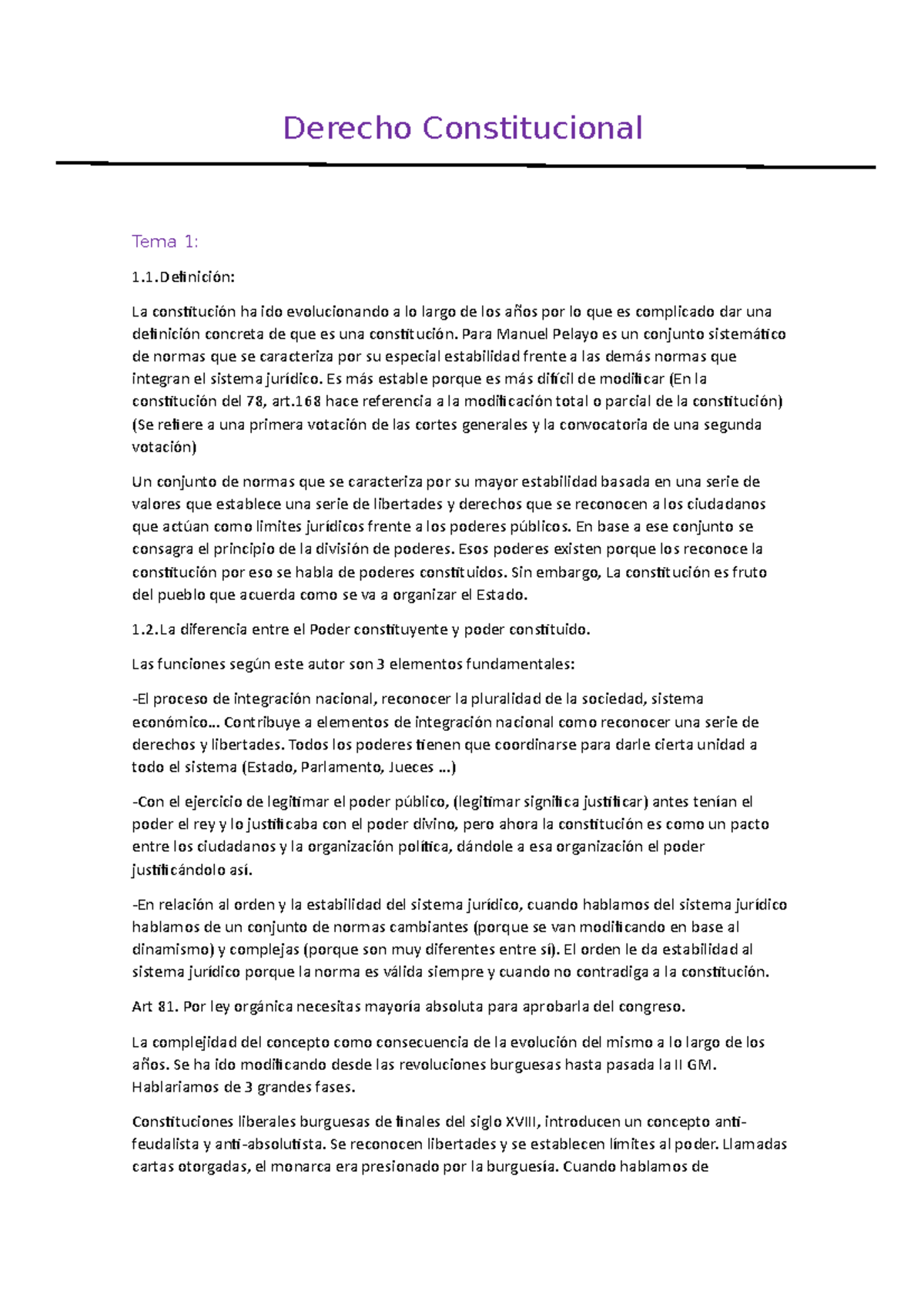Derecho Constitucional - Derecho Constitucional Tema 1: 1. Definición ...