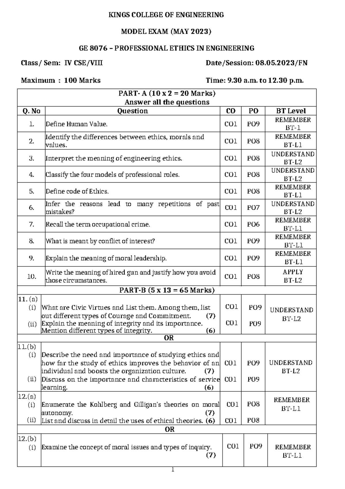 PEE Model QP 2023 EVEN - Sample Question Paper - KINGS COLLEGE OF ...