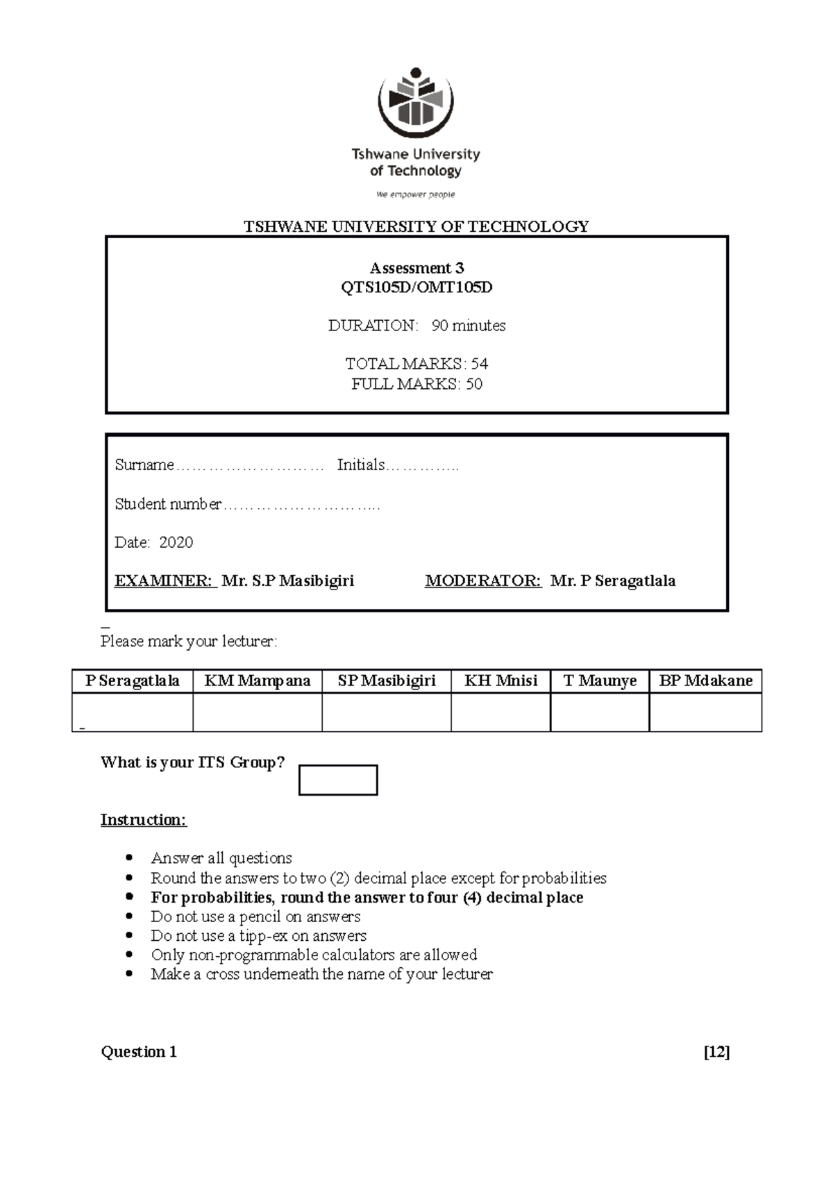 Assessment 3 2020-1 - assignment - TSHWANE UNIVERSITY OF TECHNOLOGY ...