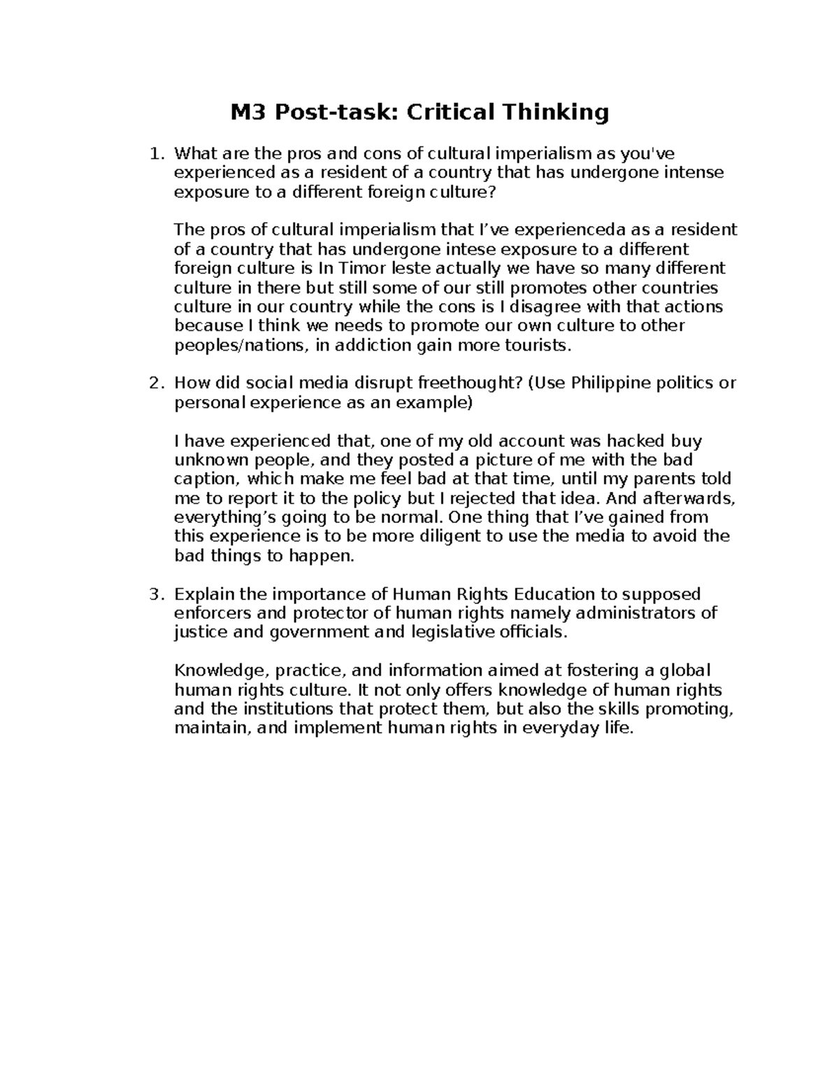 M3 Post - not sure with the my answer. assigment - M3 Post-task: Critical Thinking What are the ...