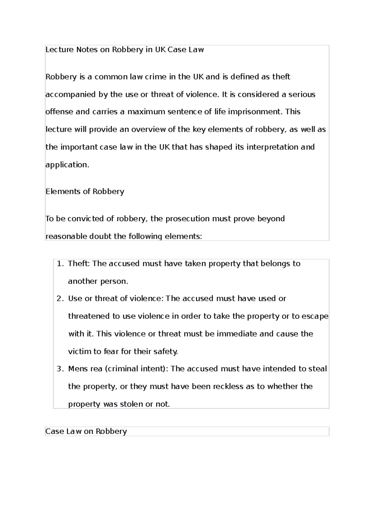 Robbery - ``` - Lecture Notes on Robbery in UK Case Law Robbery is a ...