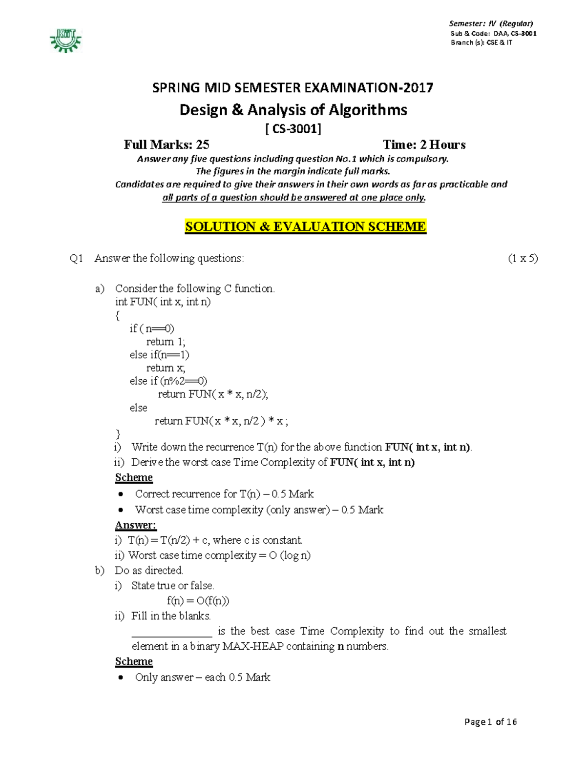 Binder 1 - ewew - SPRING MID SEMESTER EXAMINATION- Design & Analysis of Algorithms [ CS-3001 ...