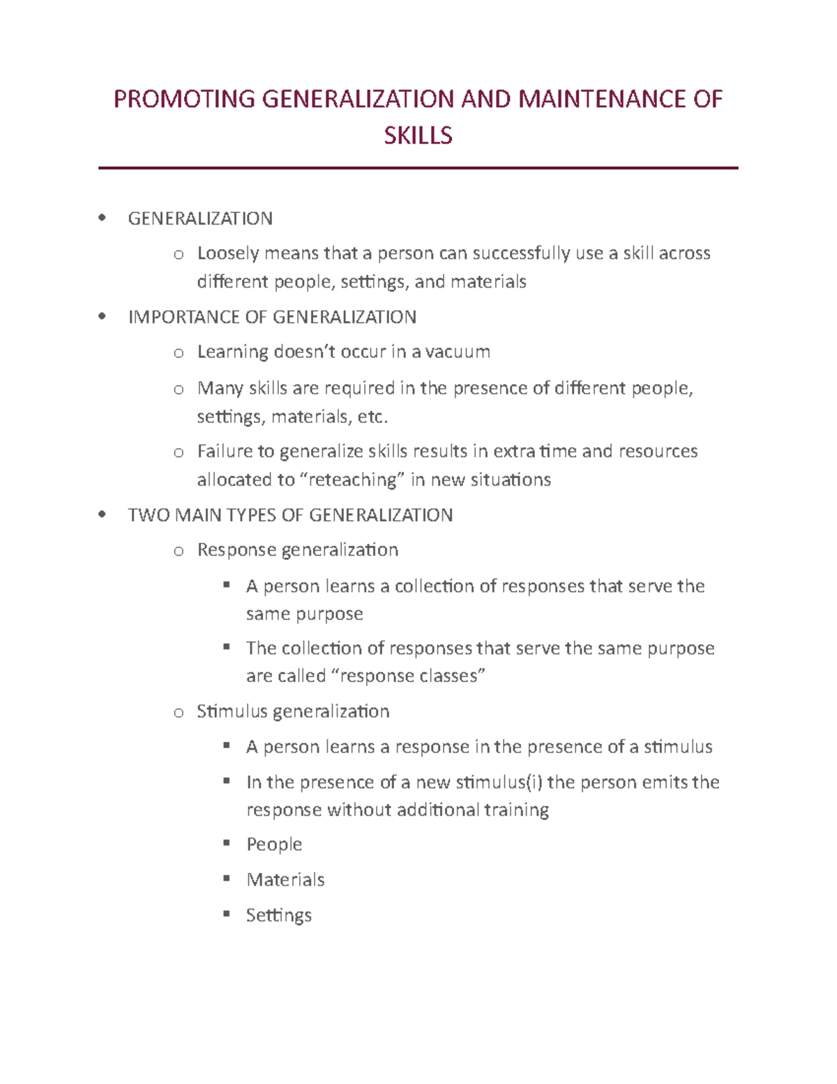 Promoting Generalization AND Maintenance OF Skills - PROMOTING ...