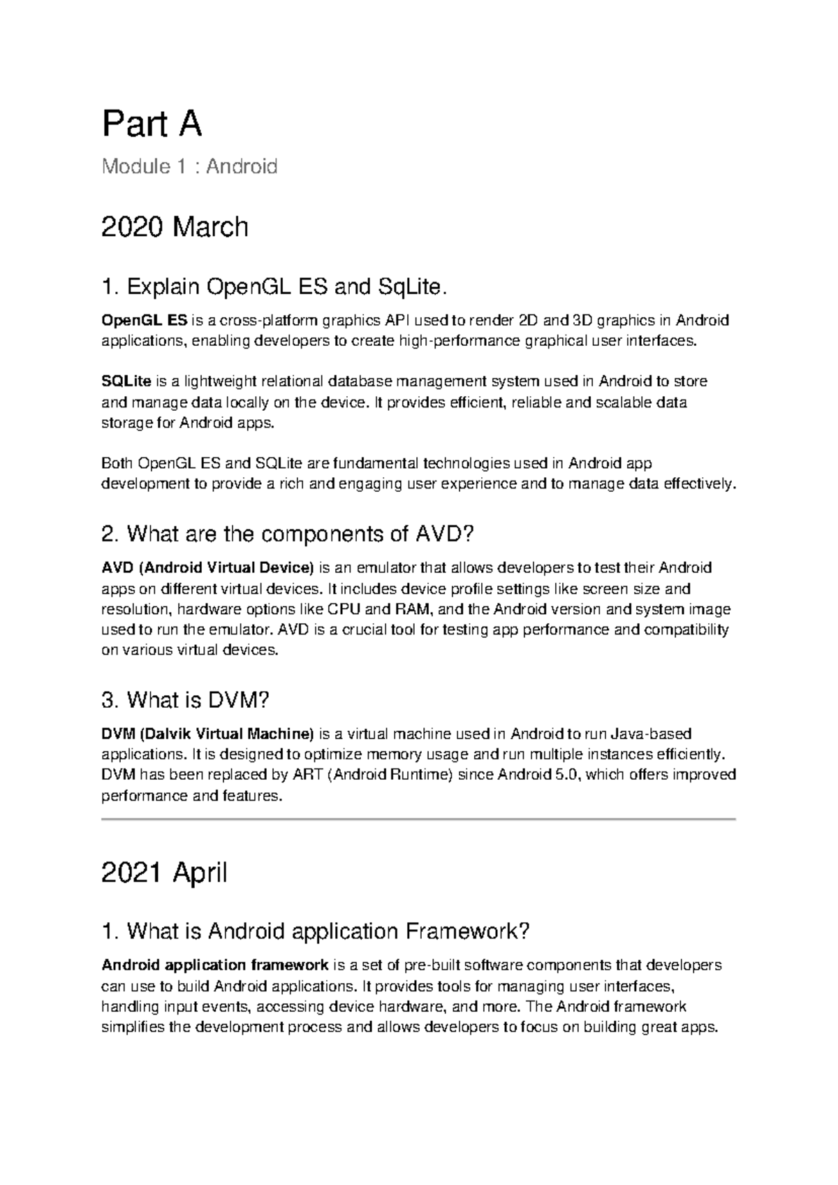 1 - Module 1 - Part A Module 1 : Android 2020 March 1. Explain OpenGL ...