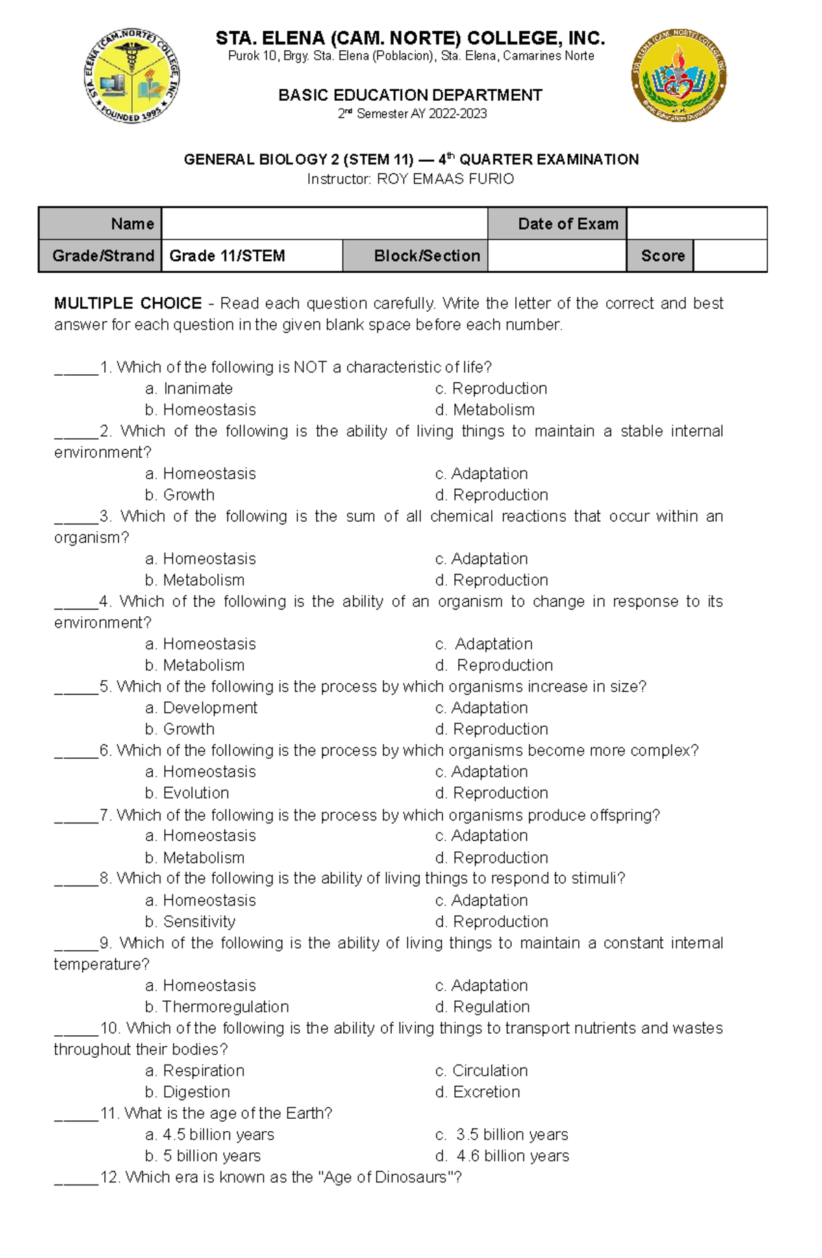 GEN. BIO 2- 4th Quarter Examination - STA. ELENA (CAM. NORTE) COLLEGE ...
