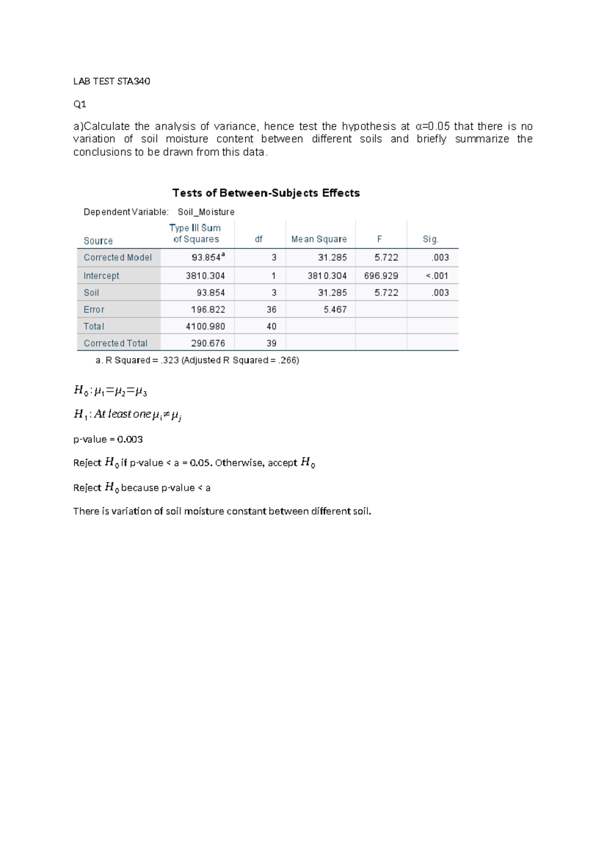 LAB TEST STA340 - LAB TEST STA Q a)Calculate the analysis of variance ...