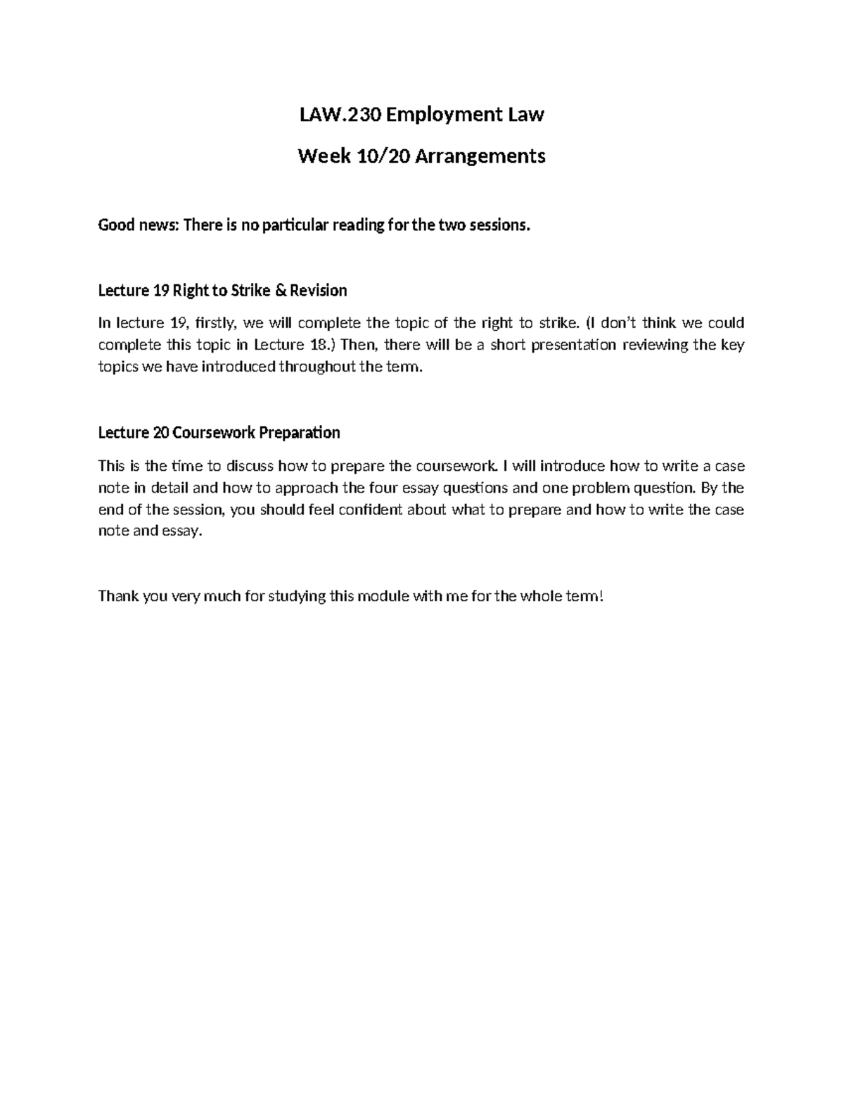 Week10Arrangments - Summary Principles of Employment Law - LAW ...