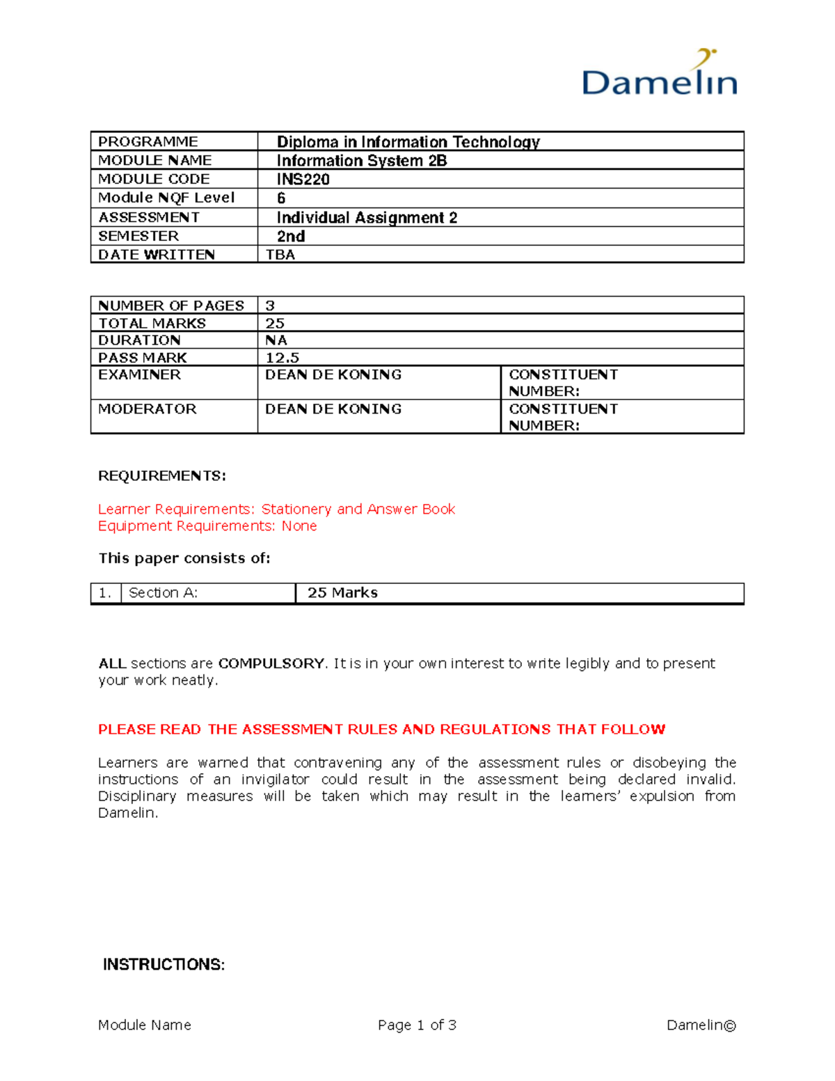 IIS2B Assignment 2 - Module Name Page 1 of 3 Damelin© PROGRAMME Diploma ...