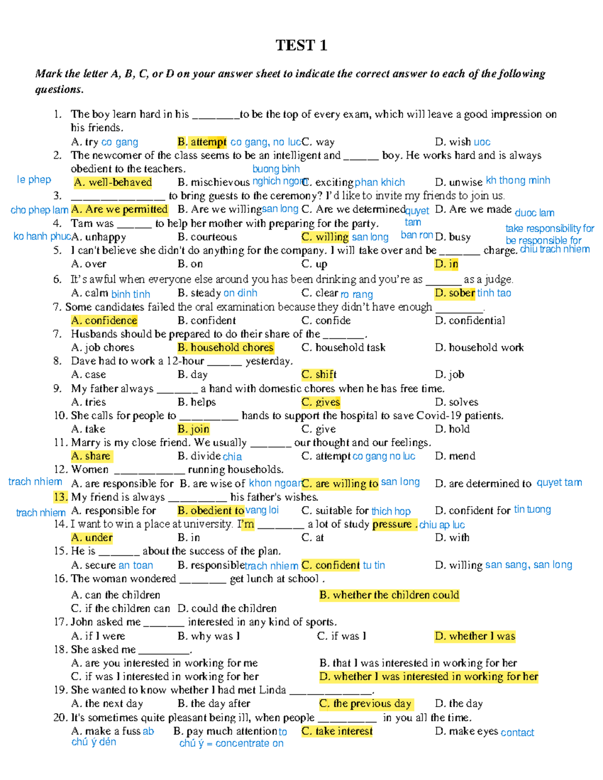 TEST 1 - Make upload anonymous - TEST 1 Mark the letter A, B, C, or D ...