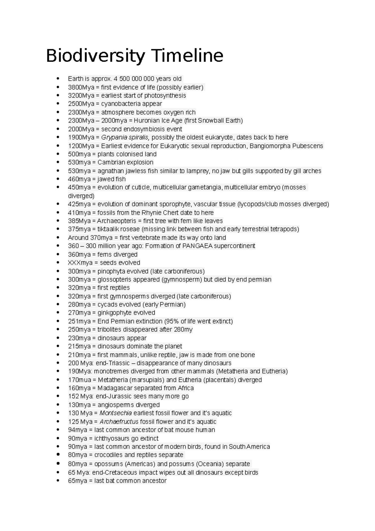 Biodiversity Timeline Summary for whole module - Biodiversity Timeline ...