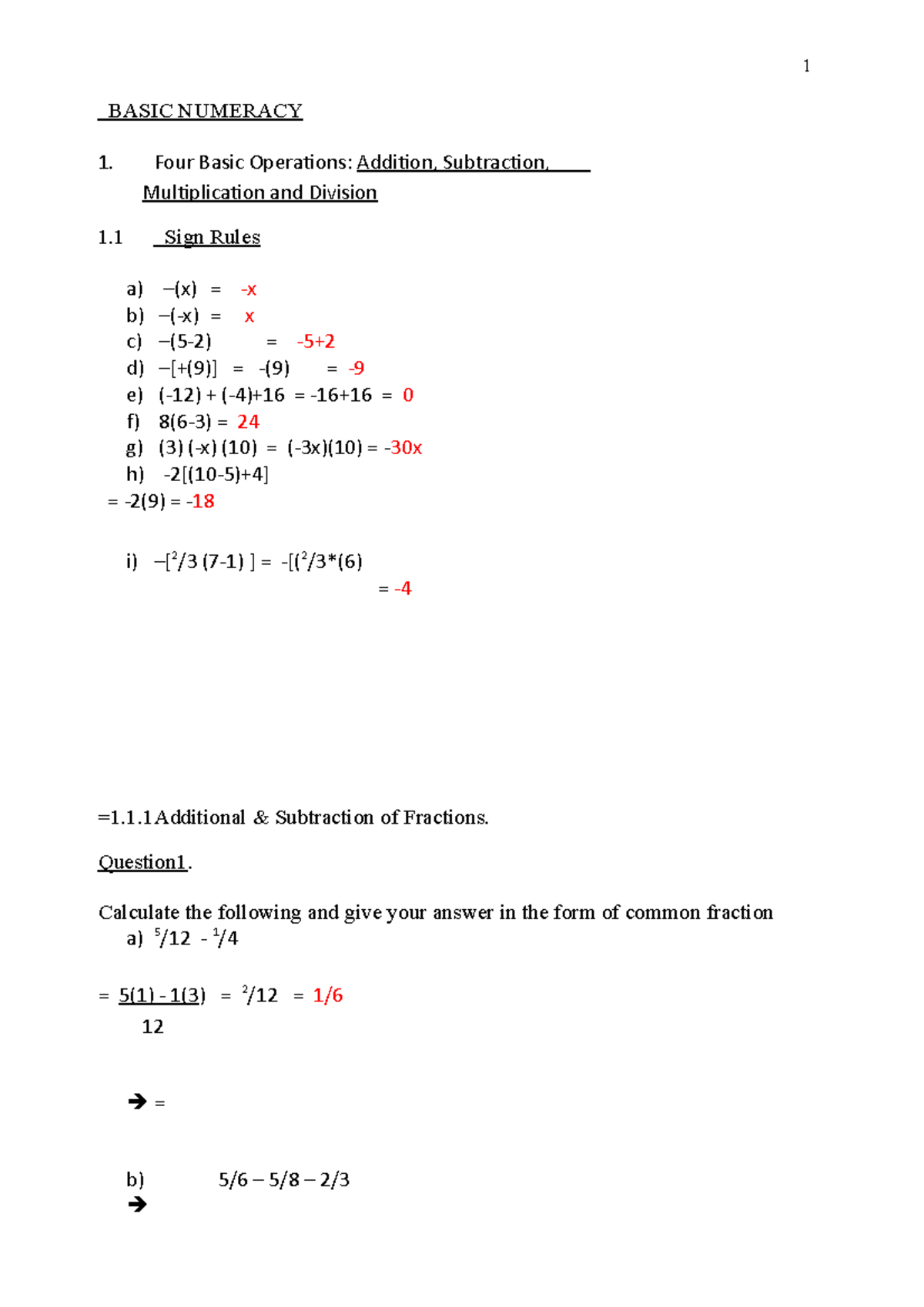 Basic Numeracy NOTE for edulink - BASIC NUMERACY Four Basic Operations ...