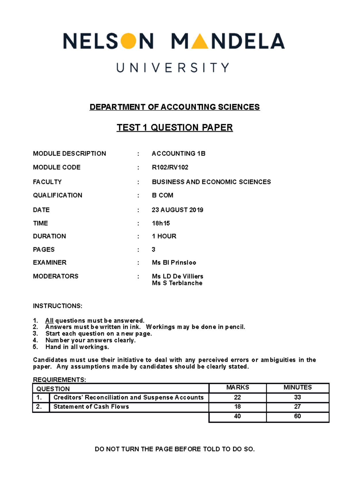 RV102 TEST 1 Question - 23 August 2019 - DEPARTMENT OF ACCOUNTING ...