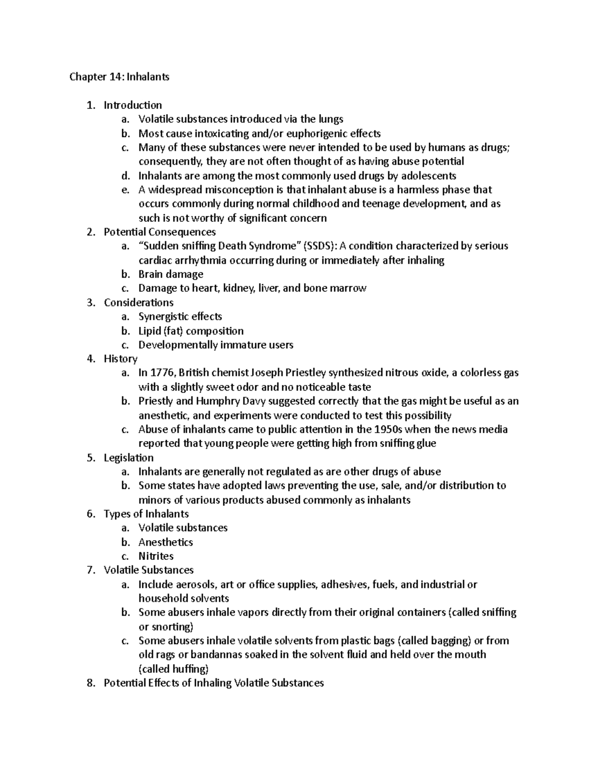 Chapter 14 - Chapter 14: Inhalants Introduction a. Volatile substances ...