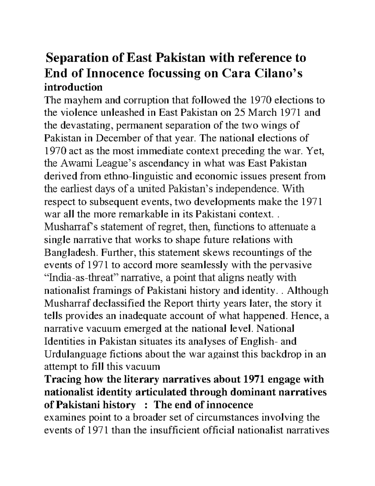 Separation of East Pakistan with reference to End of Innocence ...