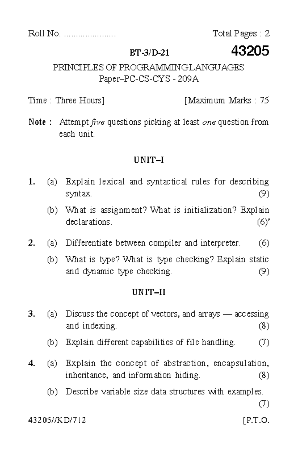 PPL-2021-1 - Roll No. ...................... Total Pages : 2 BT-3/D-21 ...
