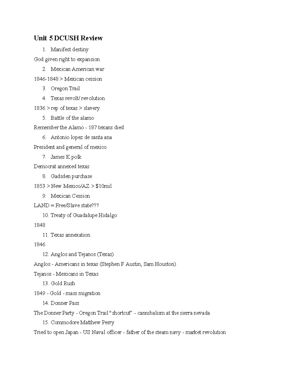 Unit 5 Review - Unit 5 DCUSH Review Manifest destiny God given right to ...