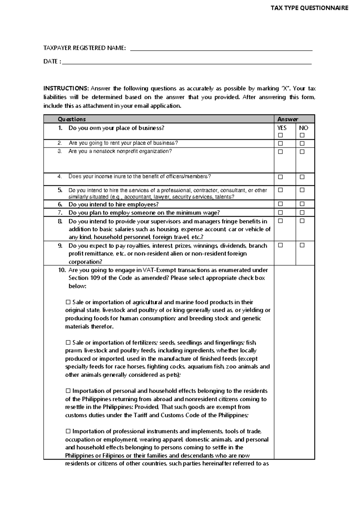 Tax types questions - Usbsjann - TAXPAYER REGISTERED NAME: - Studocu