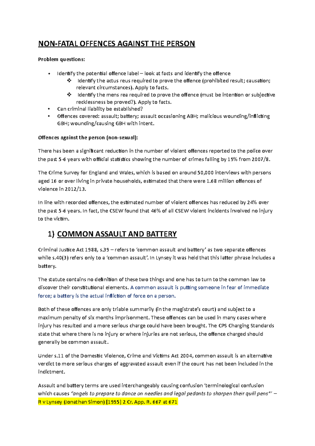 Non-Fatal Offences Notes - NON-FATAL OFFENCES AGAINST THE PERSON ...