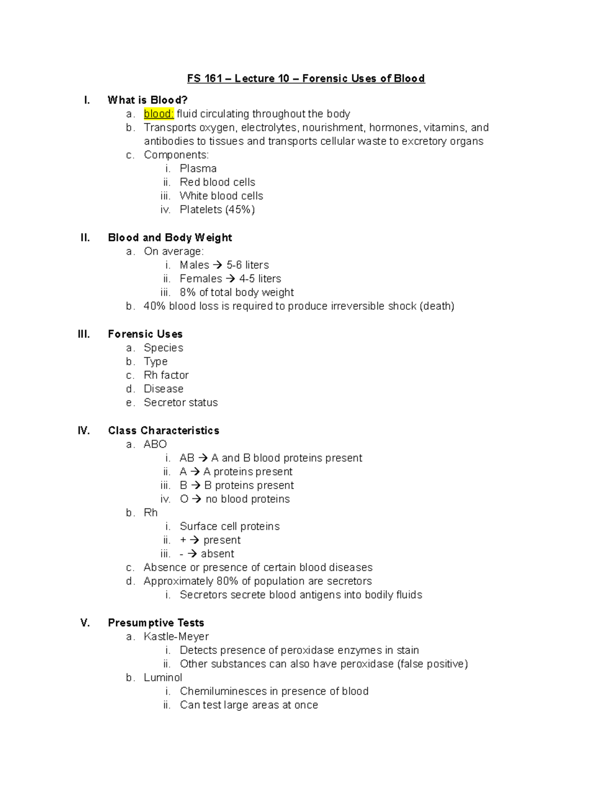 FS 161 - Lecture 10 - Forensic Uses of Blood - FS 161 – Lecture 10 ...