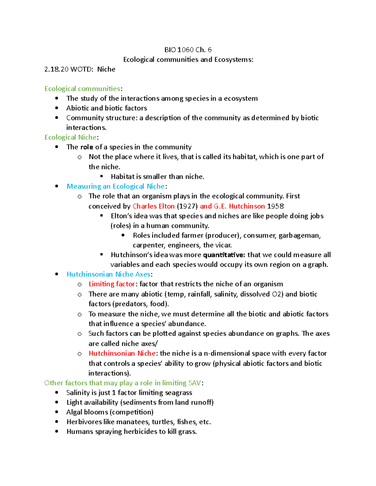 BIO 1060 Ch 6 - Lecture notes 1 - BIO 1060 Ch. 6 Ecological communities ...