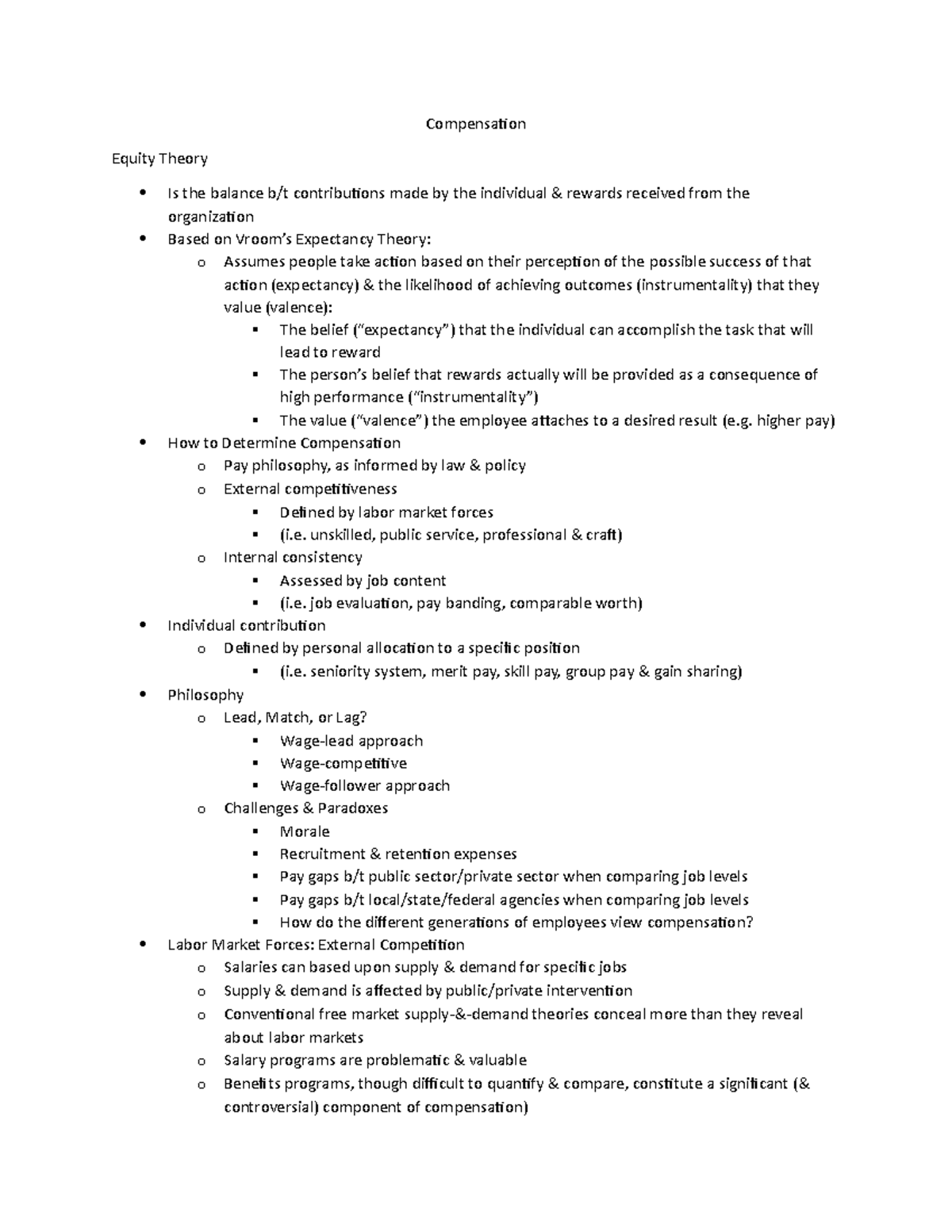 Compensation notes - Compensation Equity Theory Is the balance b/t ...