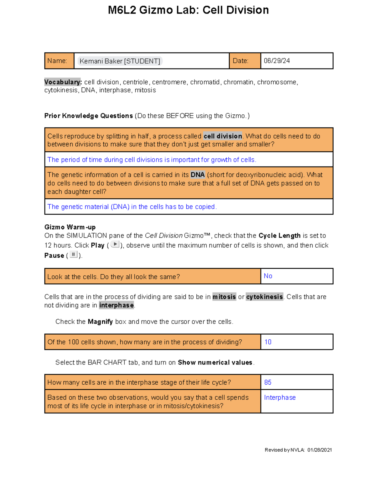 Copy of M6L2 Cell Division Gizmo Lab - Name: Kemani Baker [STUDENT ...