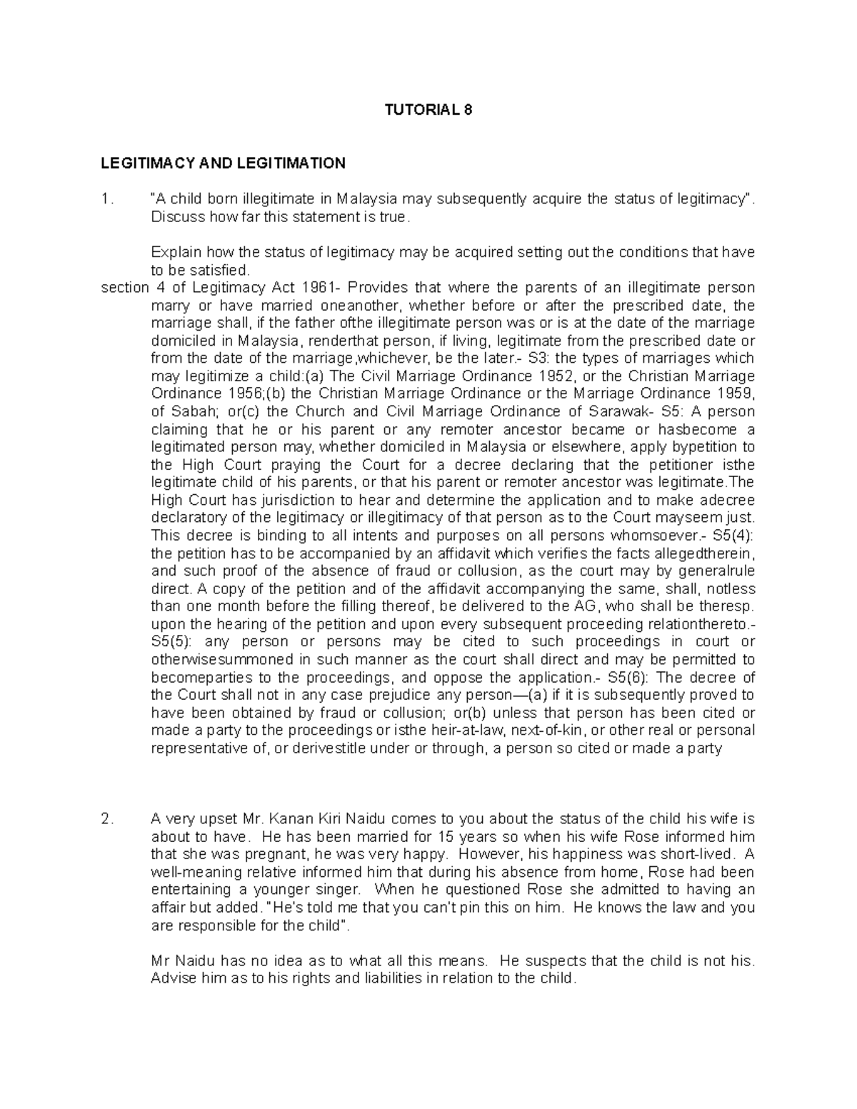 Legitimacy Tutorial Q3 - TUTORIAL 8 LEGITIMACY AND LEGITIMATION “A ...