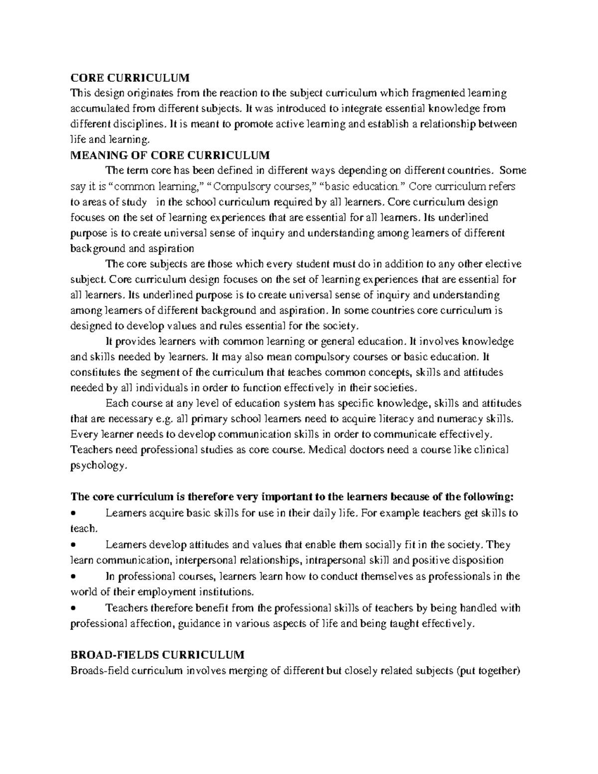 CORE Curriculum and Broadfield Curriculum - CORE CURRICULUM This design ...