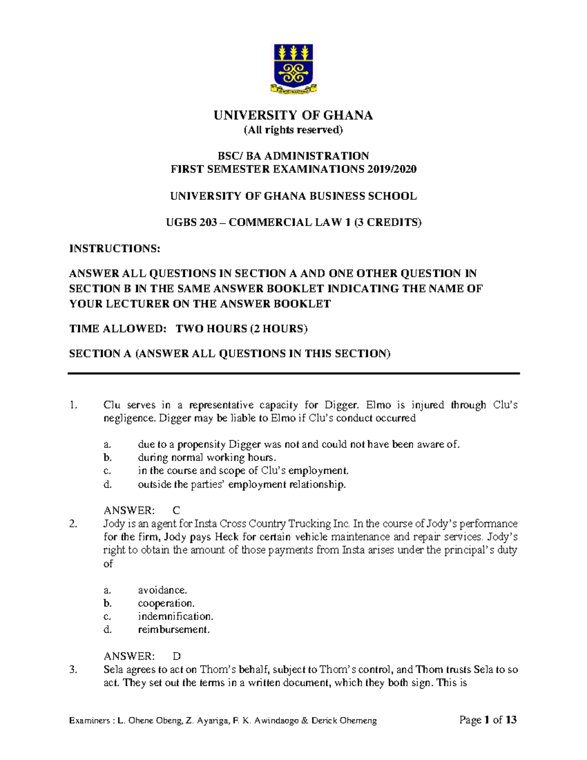 UGBS203 2019 - UNIVERSITY OF GHANA (All rights reserved) BSC/ BA ...