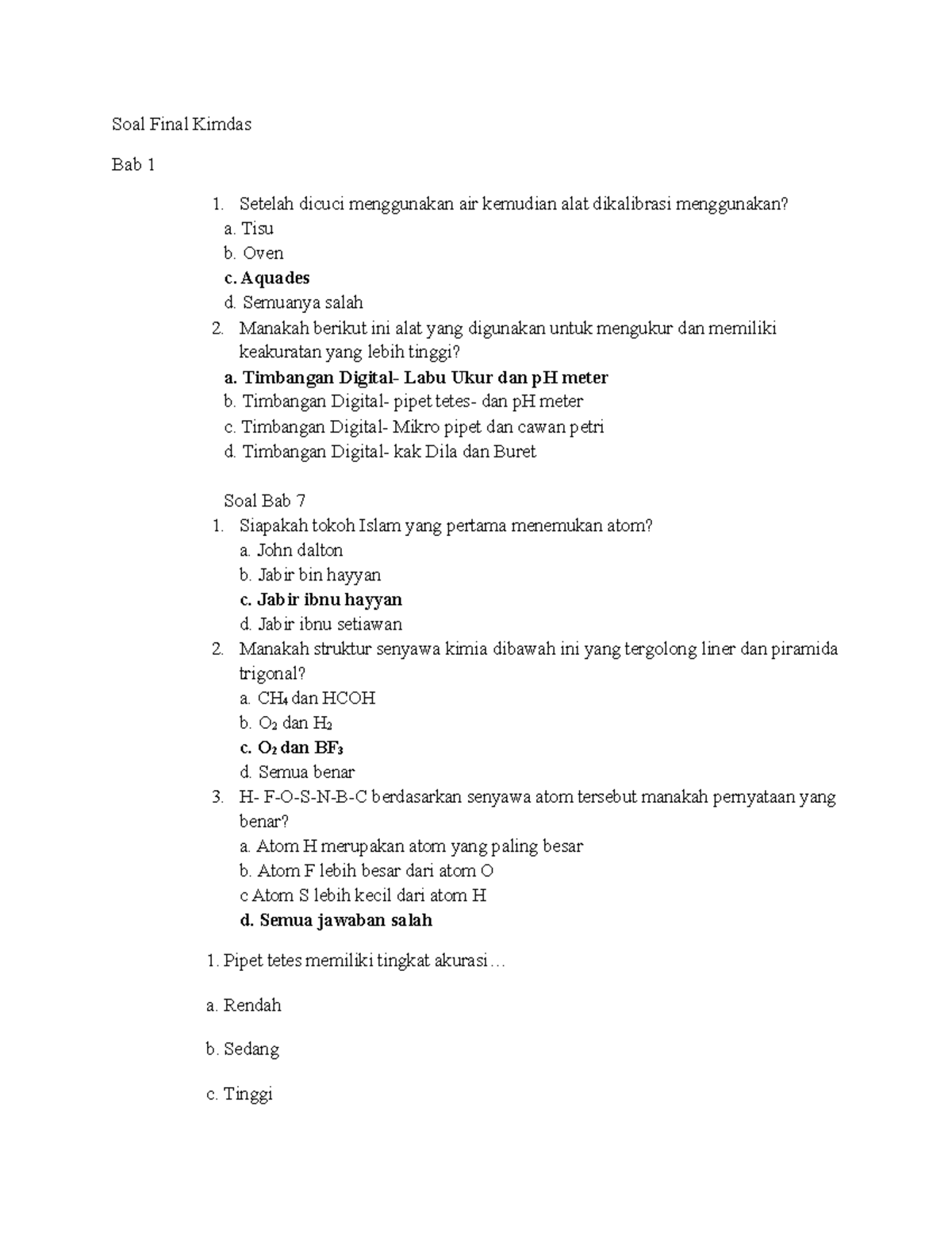 Soal final Kimia Dasar - Soal Final Kimdas Bab 1 Setelah dicuci menggunakan air kemudian alat ...