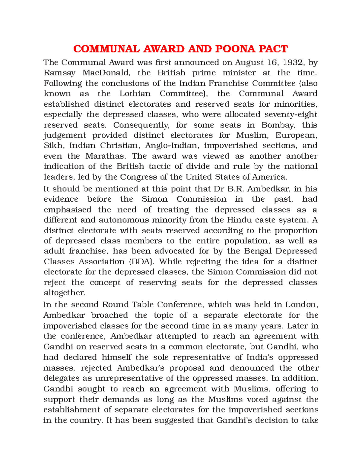 Communal Award and Poona Pact - History Of Modern India - Studocu