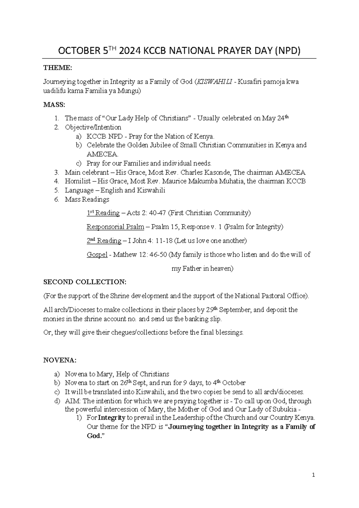 October 5TH 2024 KCCB National Prayer DAY(1) - OCTOBER 5TH 2024 KCCB ...