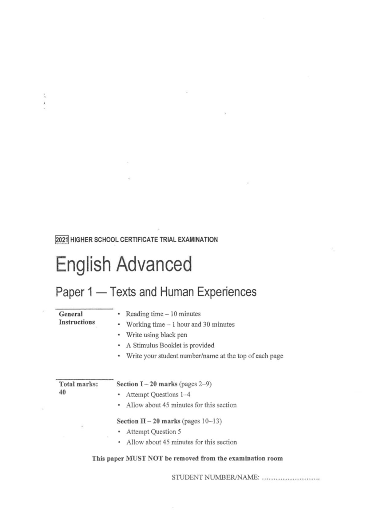 English - just a little help - 2021 HIGHER SCHOOL CERTIFICATE TRIAL ...