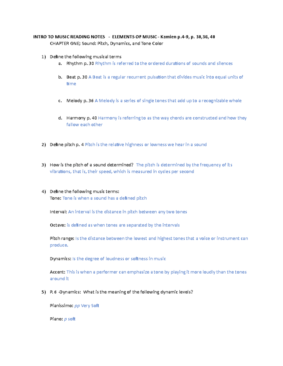 Intro to Music Reading Notes: Elements of Music Sound Pitch Dynamics ...