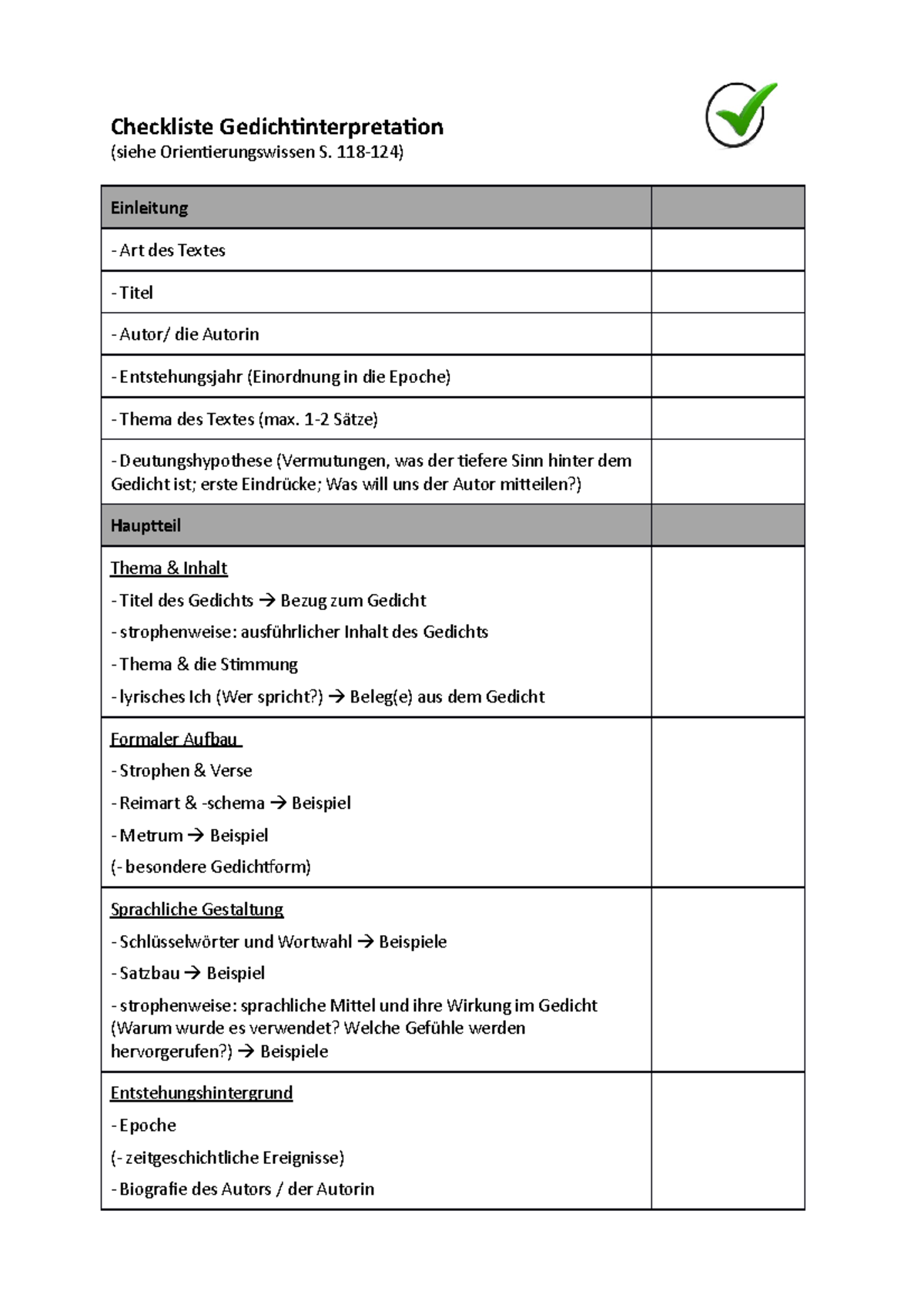 Checkliste Gedichtinterpretation - 118-124) Einleitung Art des Textes ...