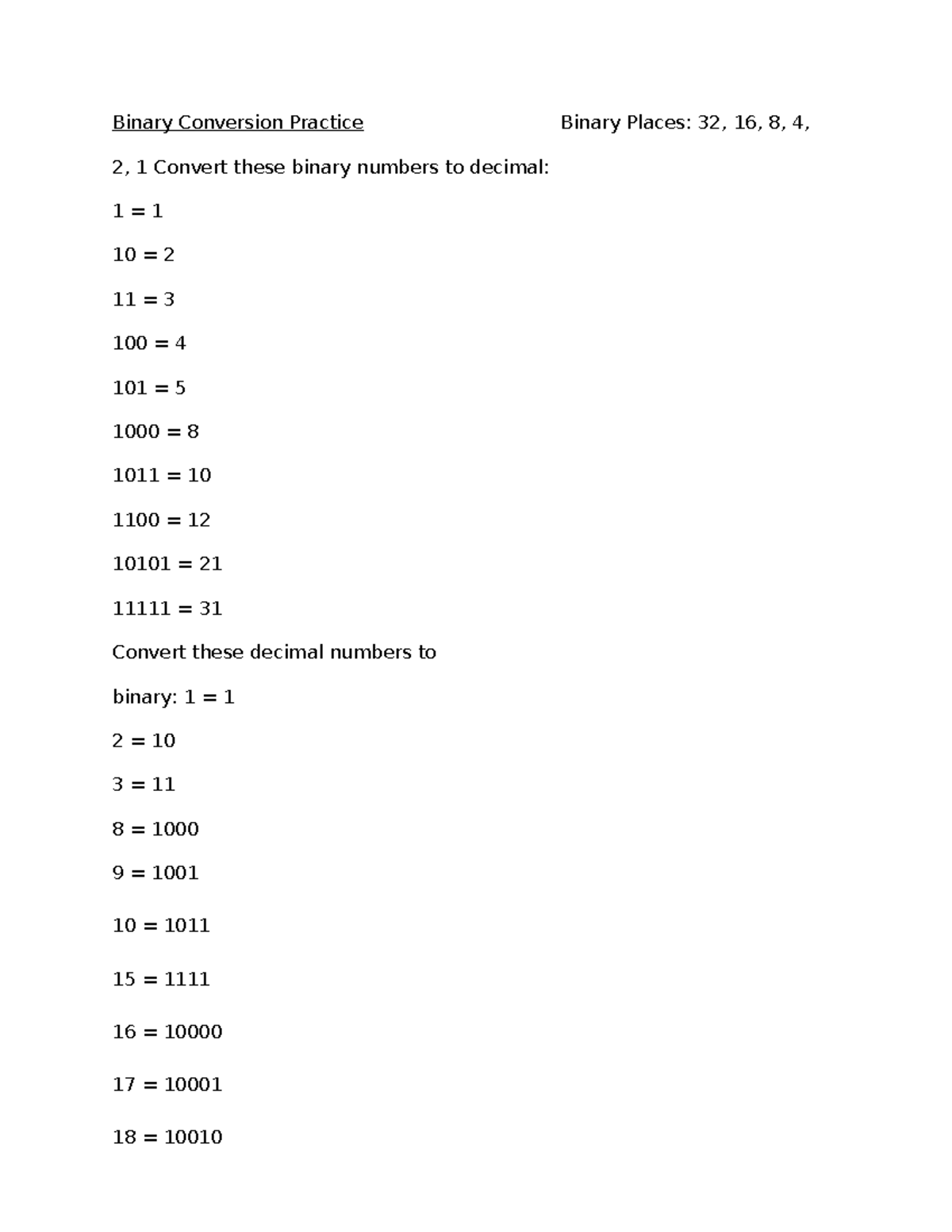 Binary Practice - Class doument - Binary Conversion Practice Binary ...