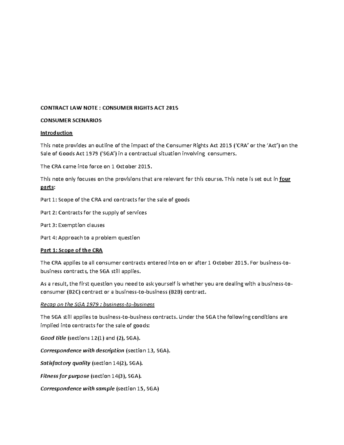 Contract LAW NOTE Consumer Rights ACT 2015 - CONTRACT LAW NOTE ...