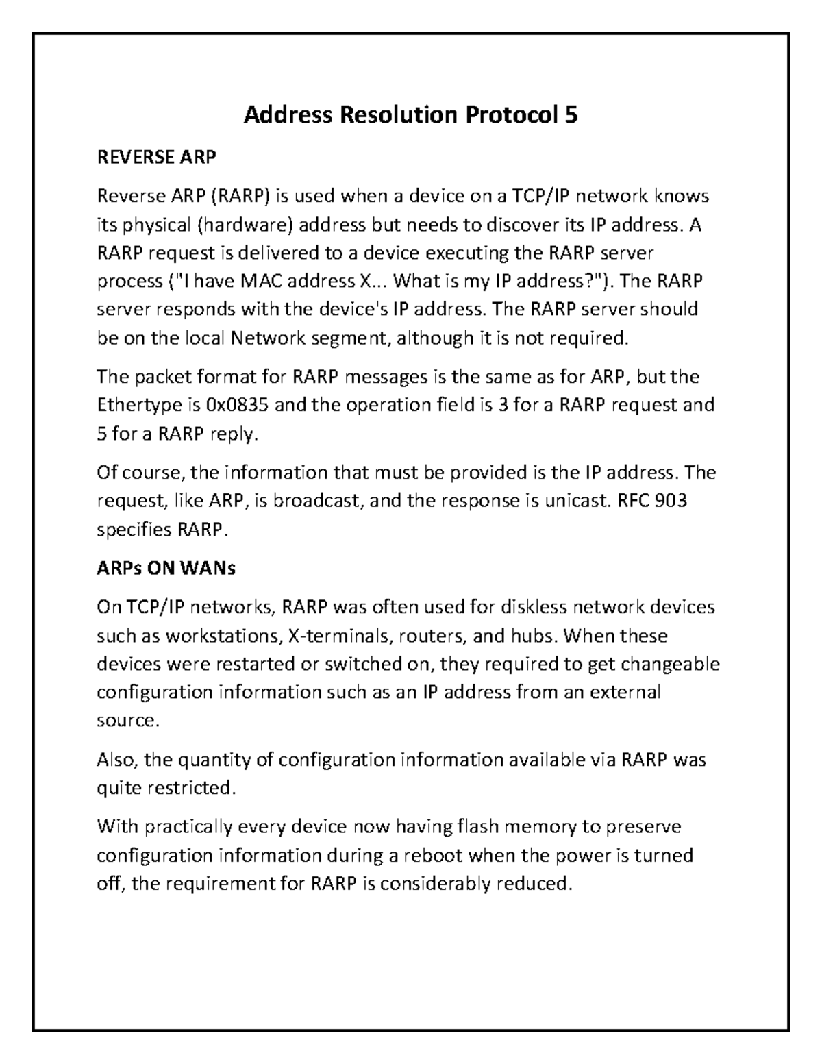 Address Resolution Protocol 5 A Rarp Request Is Delivered To A Device Executing The Rarp
