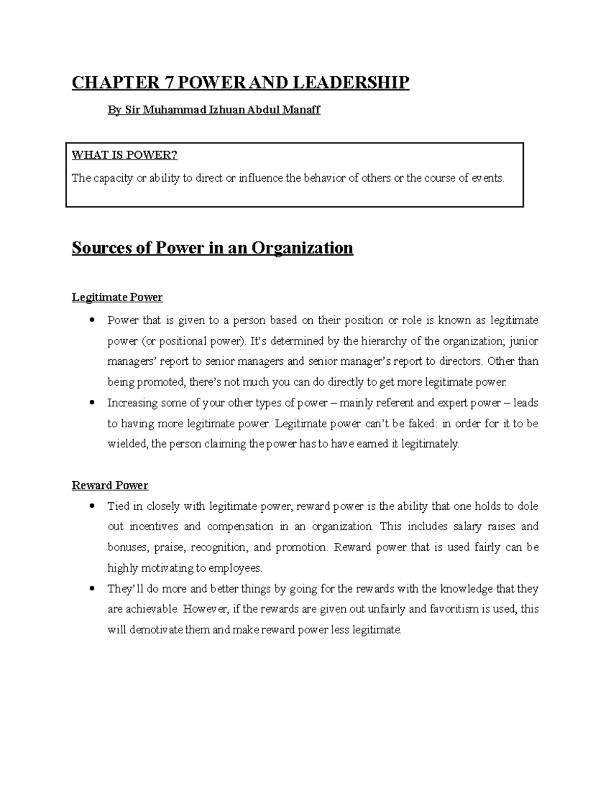 Chapter 7 Power AND Leadership - CHAPTER 7 POWER AND LEADERSHIP By Sir ...